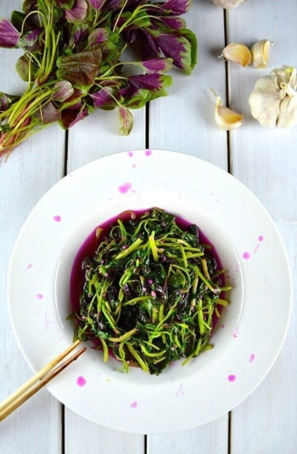 Stir-fried Pink Amaranth Greens - The Woks of Life