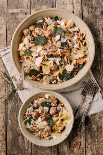 Winter Pasta w/ Sausage Meatballs, Walnuts, & Crispy Sage